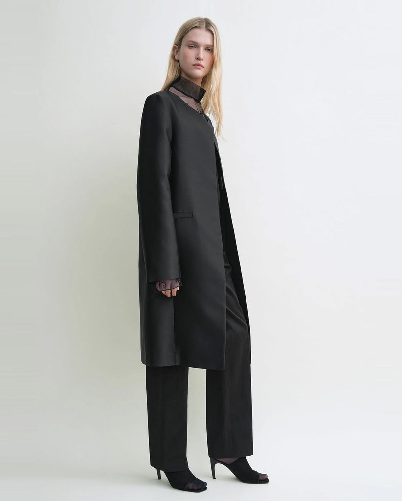 Shop TOTEME COLLARLESS SILK COAT / BLACK from thisisFABRIC